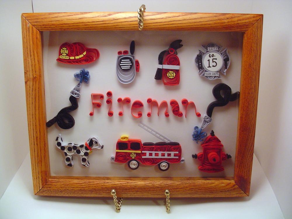 Fireman Themed Paper Quilling In Shadowbox Frame (9x11) on Luulla
